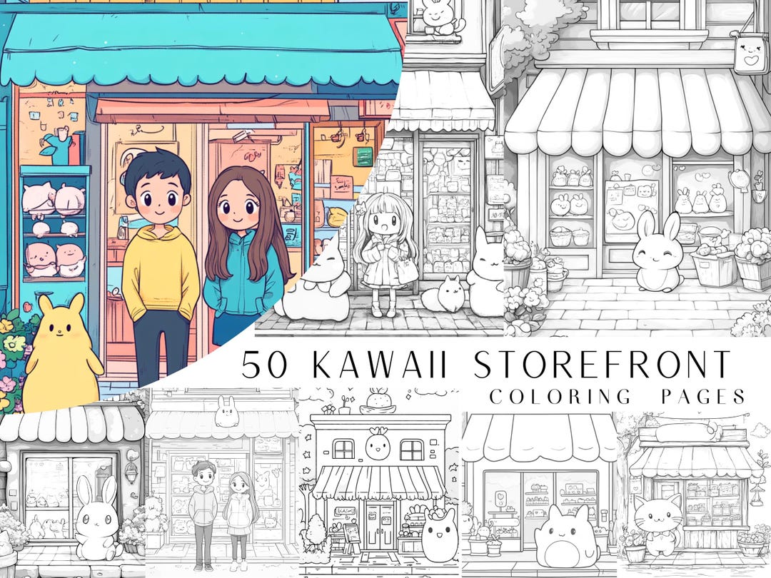 50 Kawaii Storefront Coloring Pages - Adult and Kids Coloring Book ...
