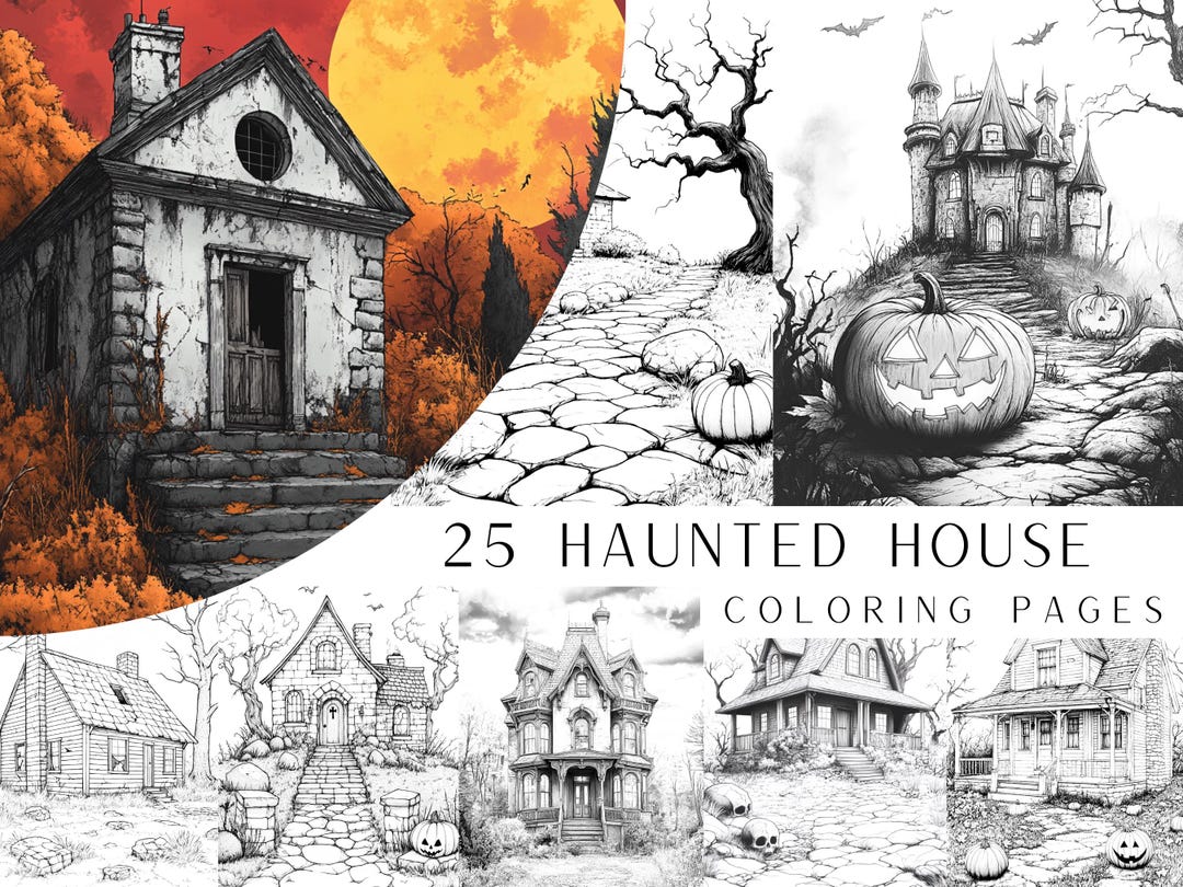 25 Haunted House Coloring Pages - Adult Coloring Book, Grayscale ...
