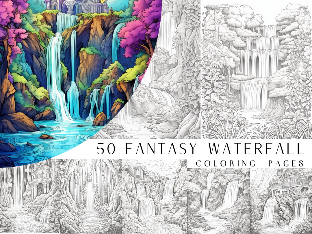50 Fantasy Waterfall Coloring Pages - Adult and Kids Coloring Book ...