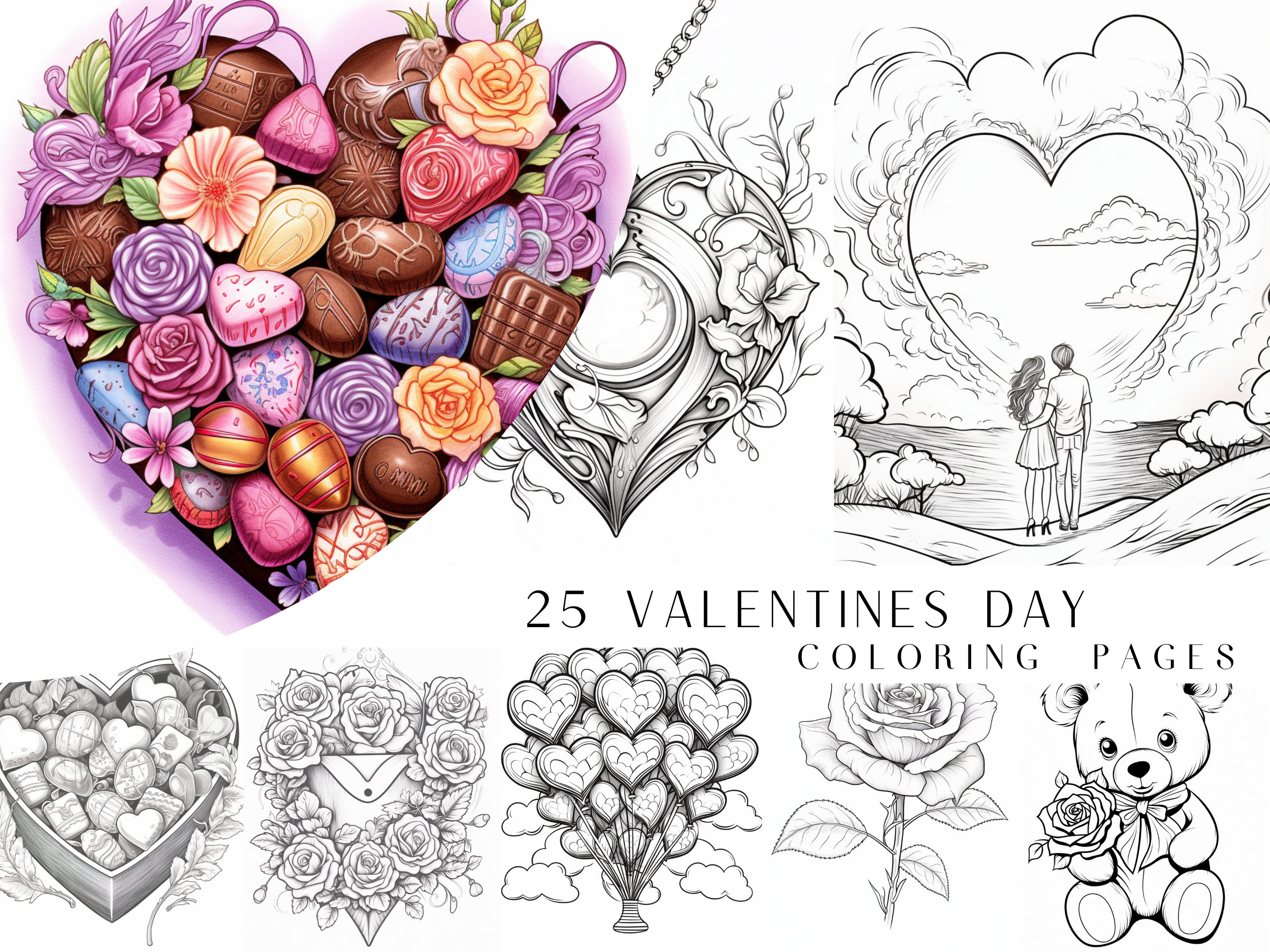 25 Valentines Day Coloring Pages - Adults Coloring Book, Greyscale ...