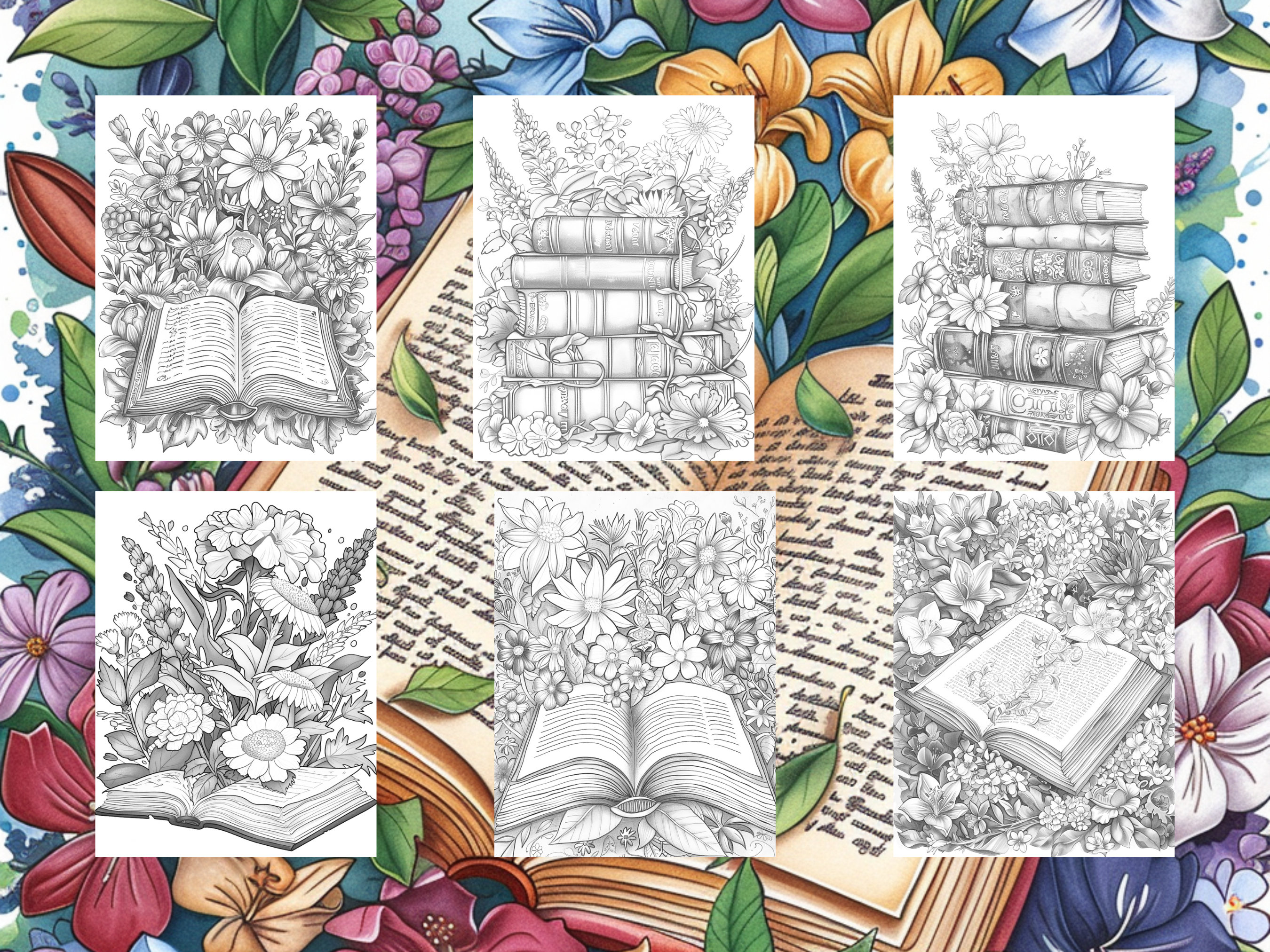 25 Floral Book Coloring Pages - Adults Coloring Book, Greyscale ...