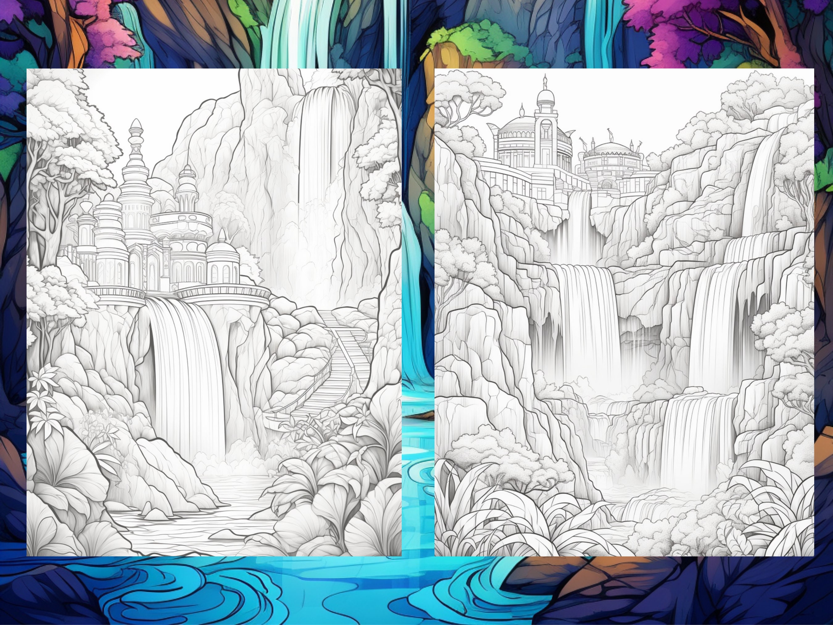 50 Fantasy Waterfall Coloring Pages - Adult and Kids Coloring Book ...