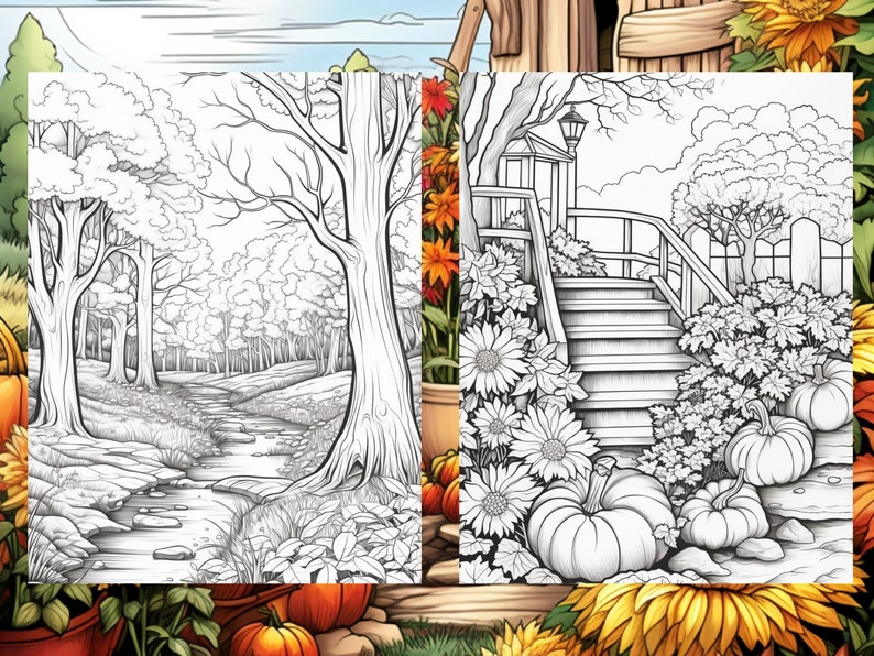 50 Autumn Coloring Pages Kids and Adult Coloring Book, Grayscale ...
