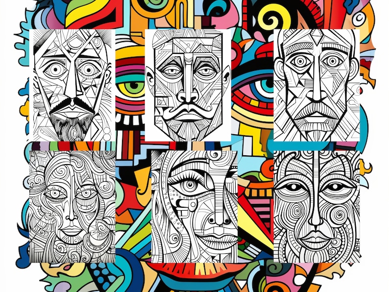 100 Abstract Faces Coloring Pages - Adult and Kids Coloring Book, Learn ...