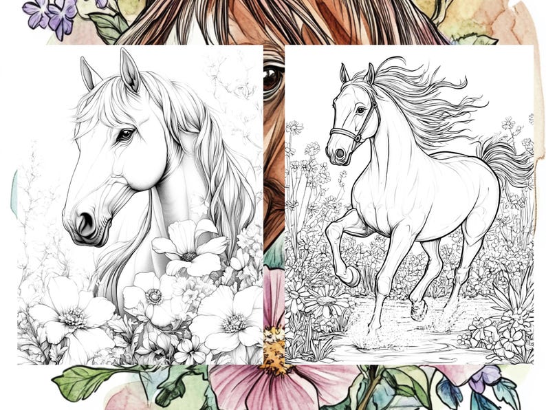100 Floral Horse Coloring Pages - Instant PDF Digital Download ...