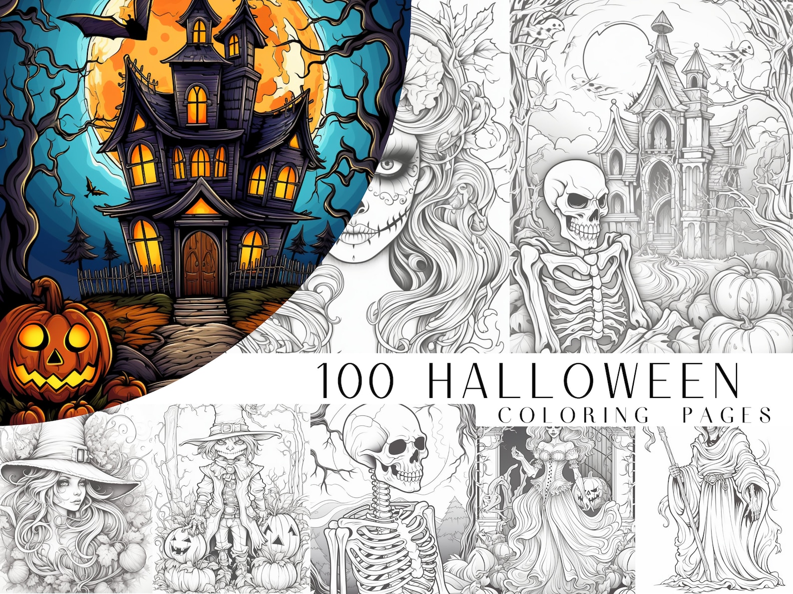 100 Halloween Theme Coloring Pages Kids and Adult Coloring Book ...