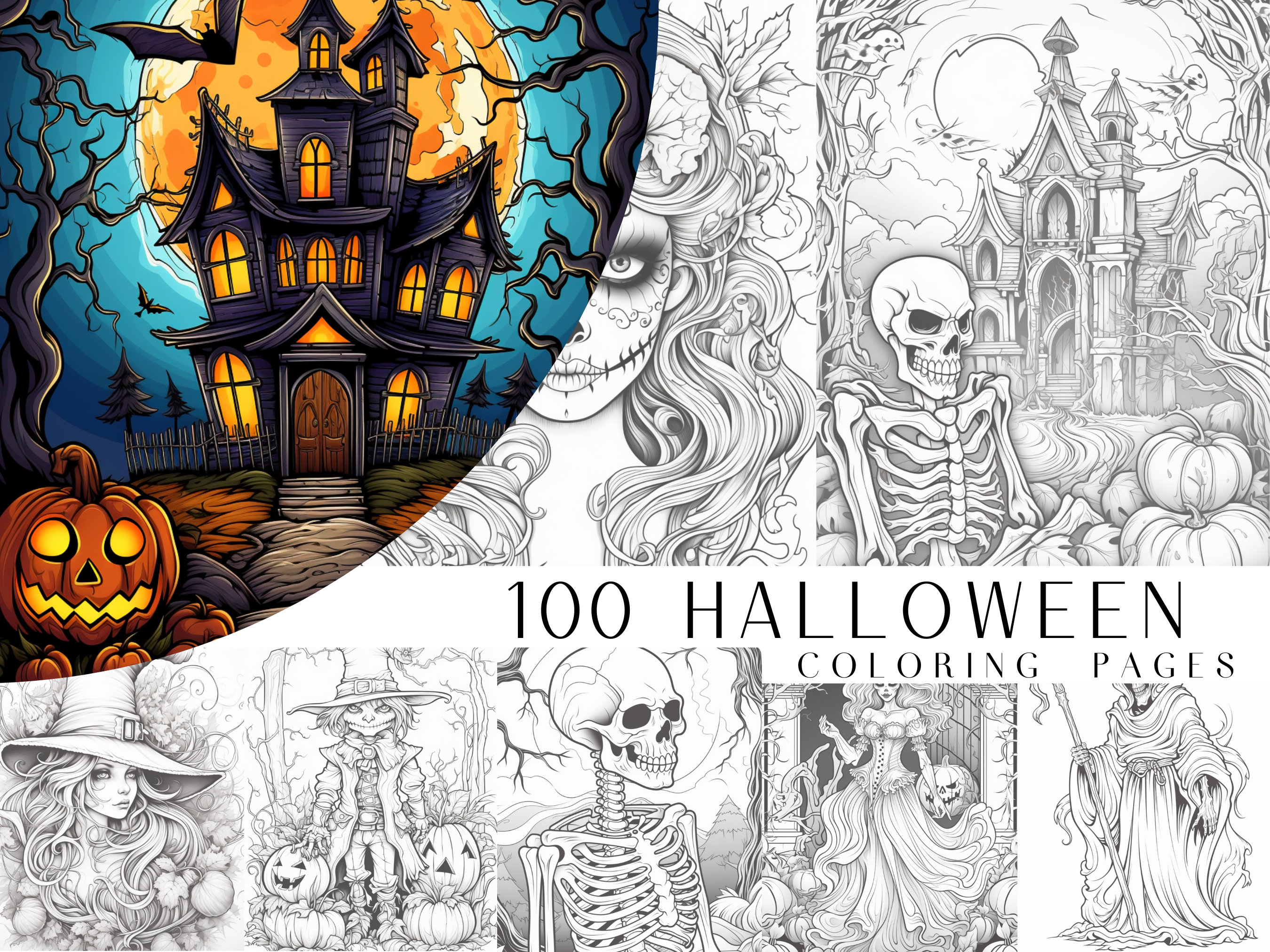 100 Halloween Theme Coloring Pages Kids and Adult Coloring Book ...