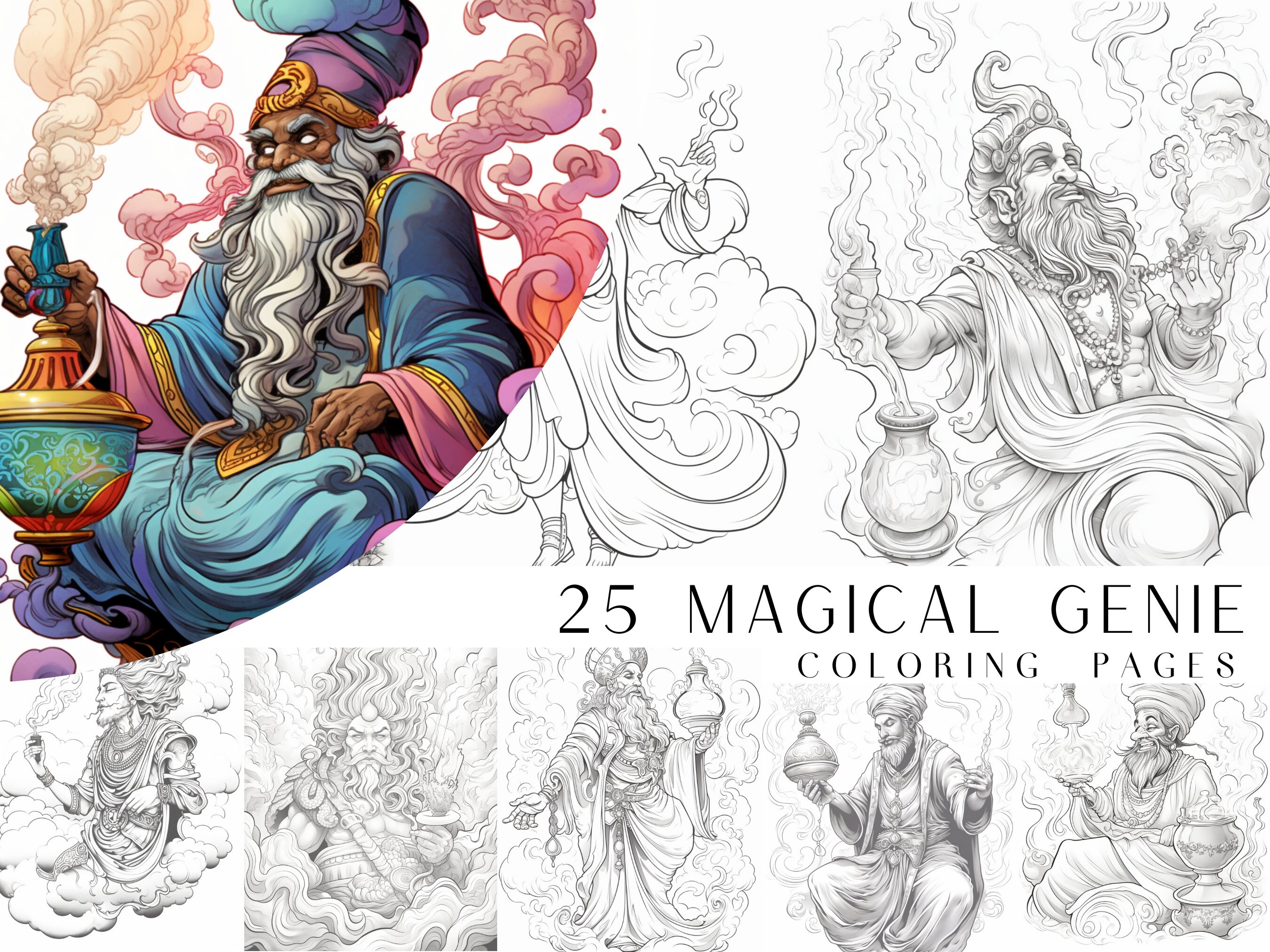 25 Magical Genie Coloring Pages - Adult and Kids Coloring Book, Fantasy ...