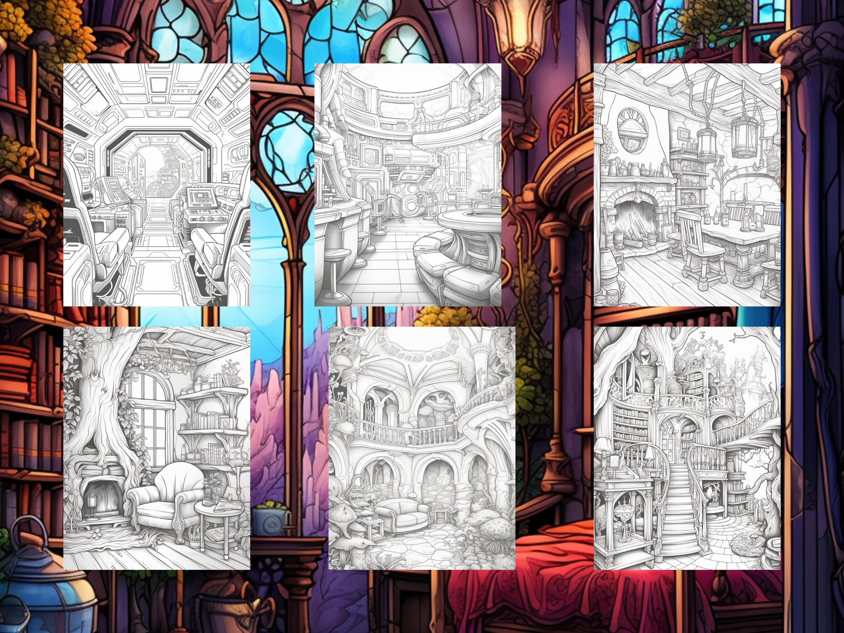 50 Fantasy Interior Coloring Pages - Adult and Kids Coloring Book ...