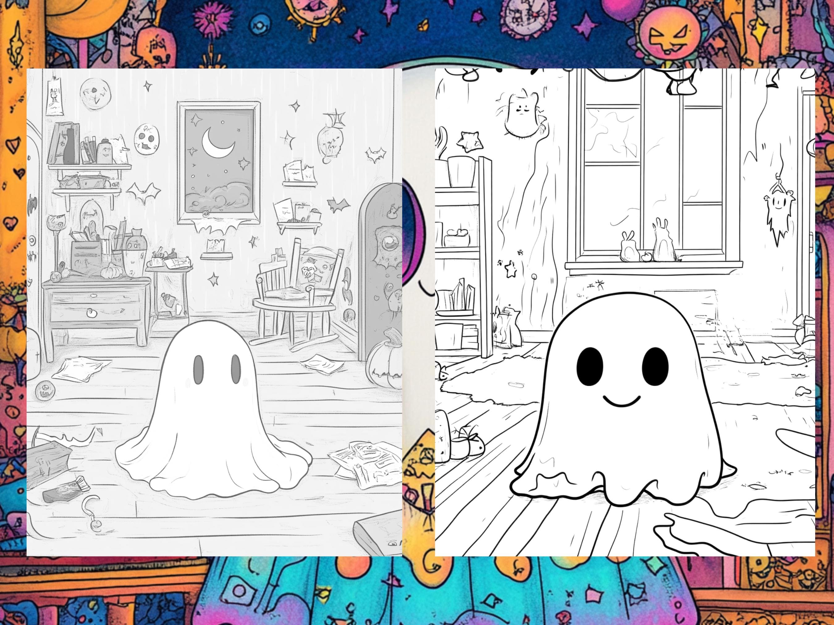 50 Cute Kawaii Spooky Ghost Coloring Pages - Kids and Adult Coloring ...