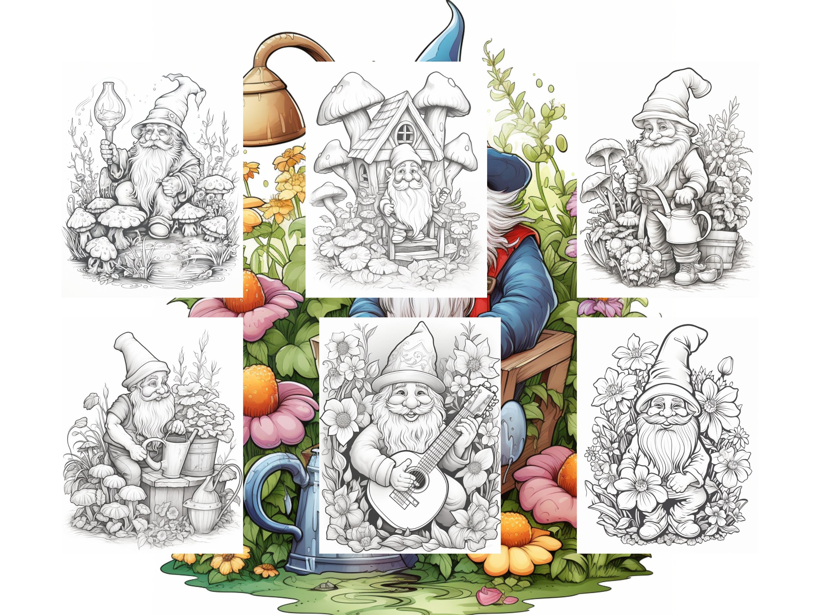 25 Garden Gnome Coloring Pages Adult Coloring Book - Etsy