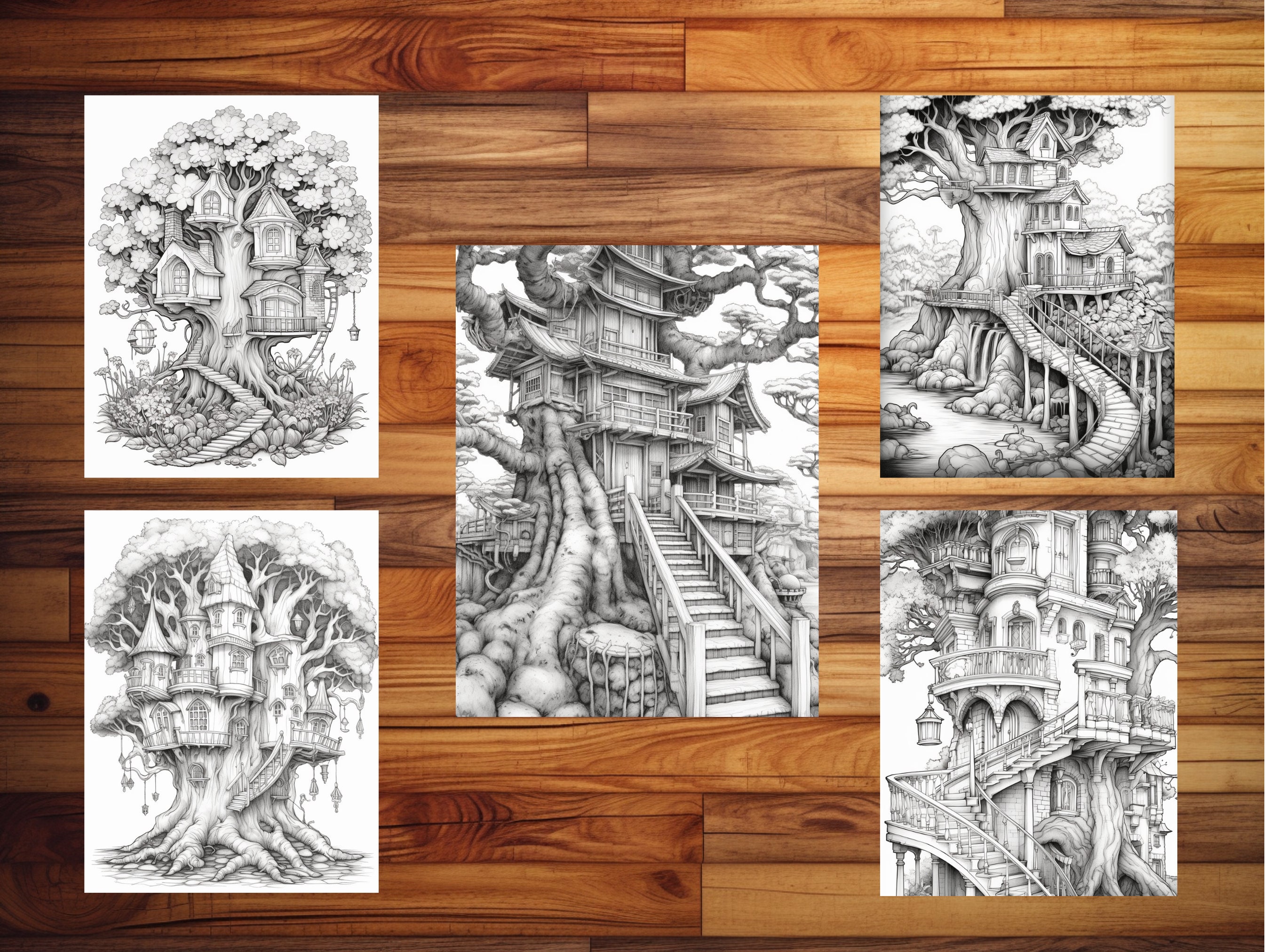 100 Enchanted Treehouse Coloring Book - Adult Coloring Pages, Grayscale ...