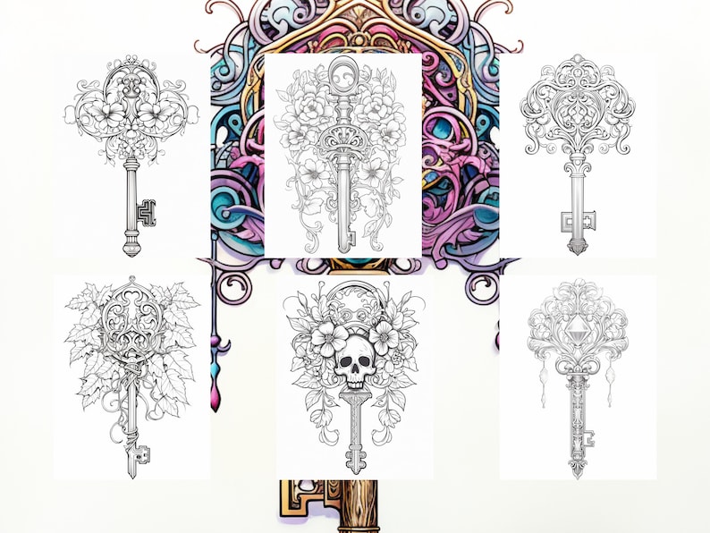 50 Fantasy Key Coloring Pages - Adult and Kids Coloring Book, Greyscale ...