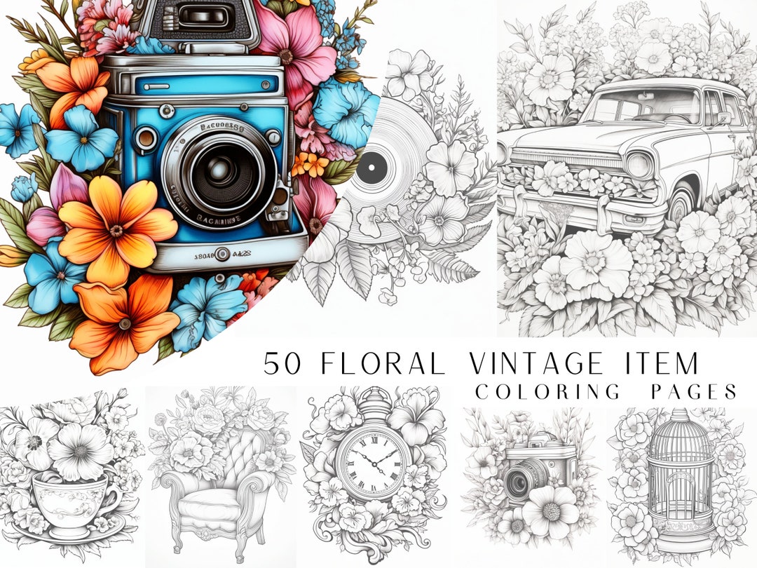 50 Floral Vintage Item Coloring Pages - Adults Coloring Book, Greyscale ...