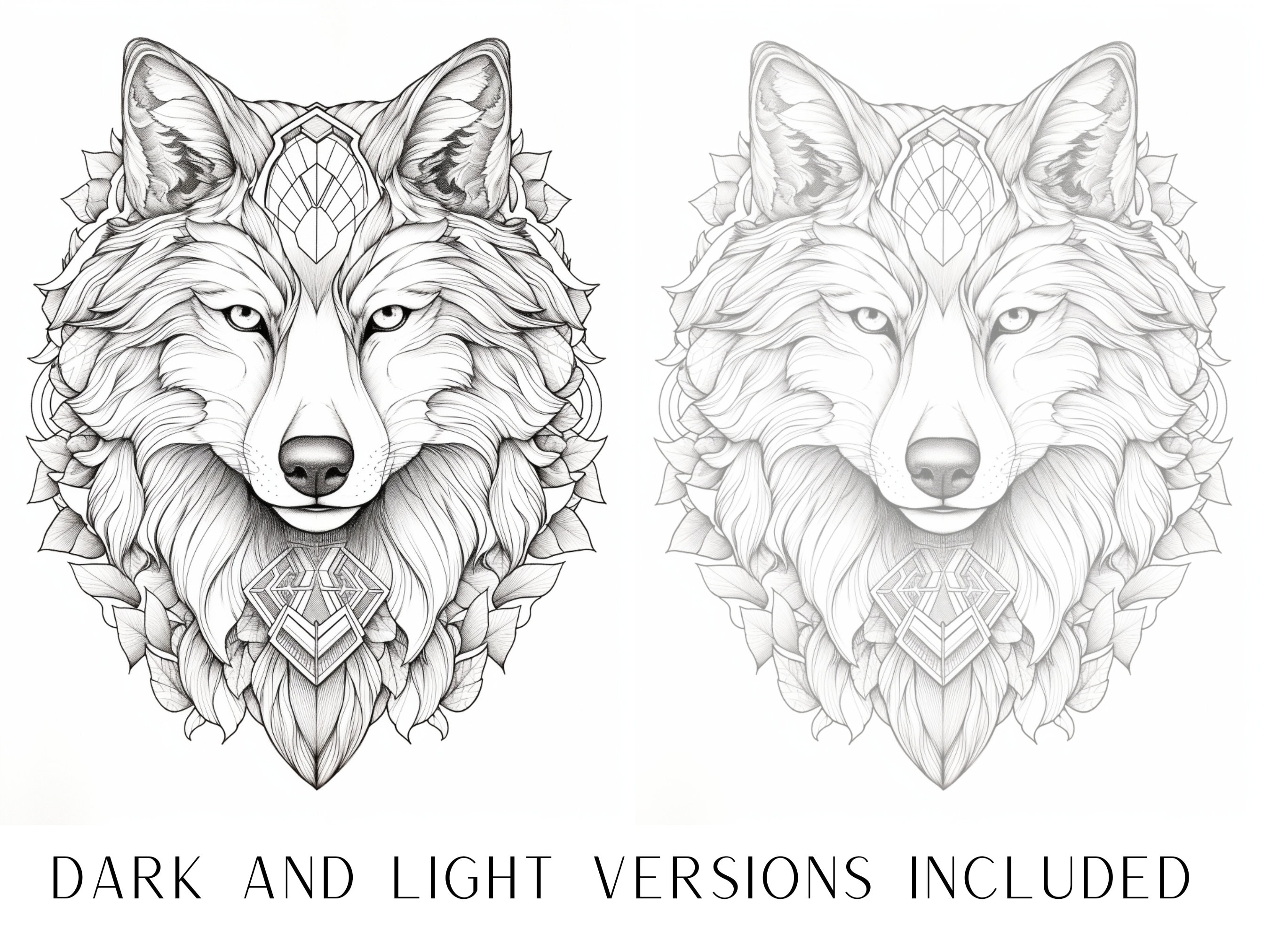 50 Patterned Wolf Coloring Pages Adults and Kids Coloring Book, Digital ...