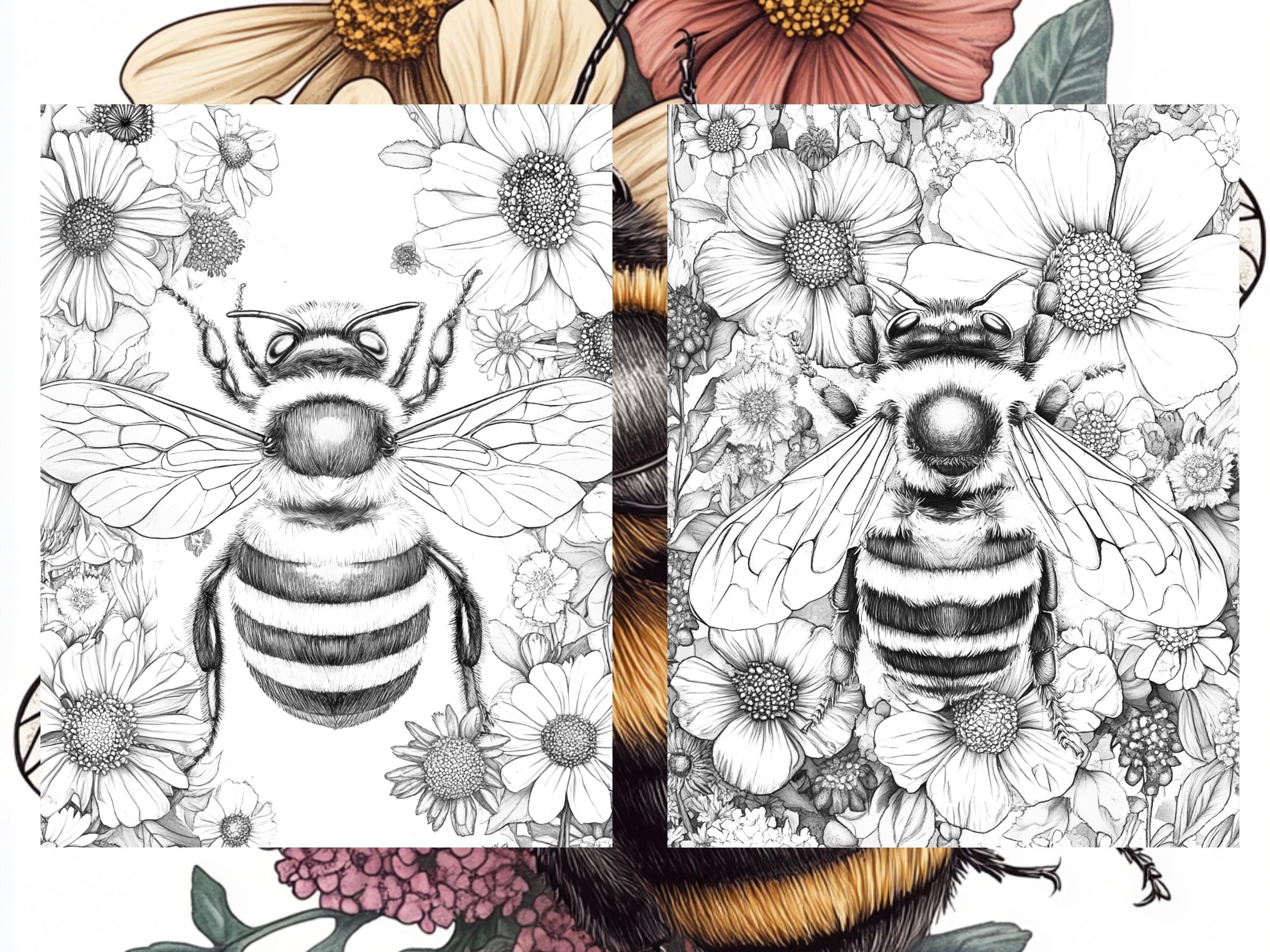 25 Floral Bee Coloring Pages - Adults Coloring Book, Greyscale, Digital ...