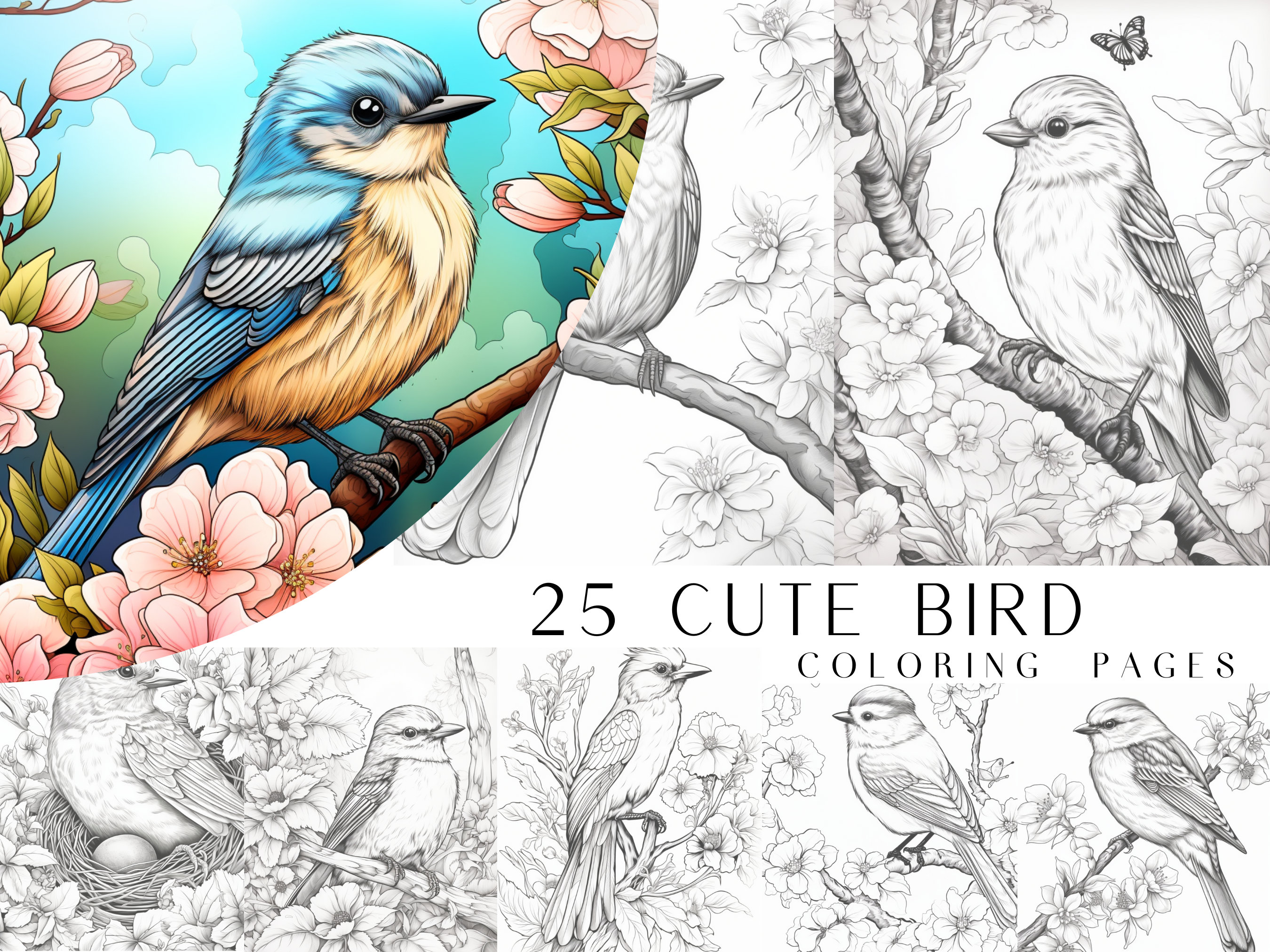 25 Cute Bird Coloring Pages - Adults and Kids Coloring Book, Digital ...