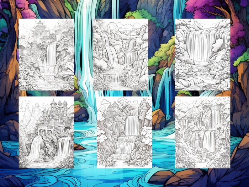 50 Fantasy Waterfall Coloring Pages - Adult and Kids Coloring Book ...