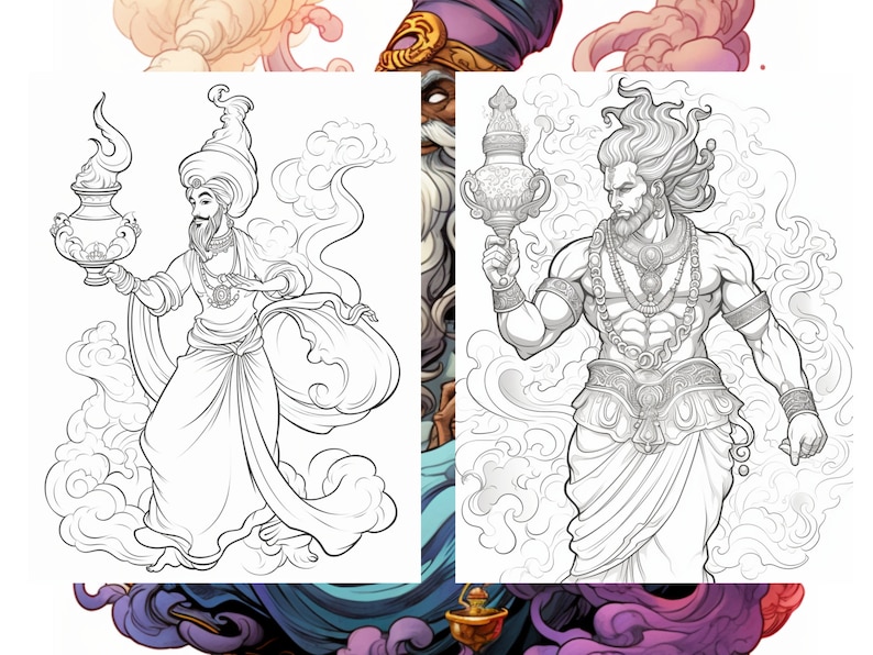 25 Magical Genie Coloring Pages Adult and Kids Coloring Book, Fantasy ...