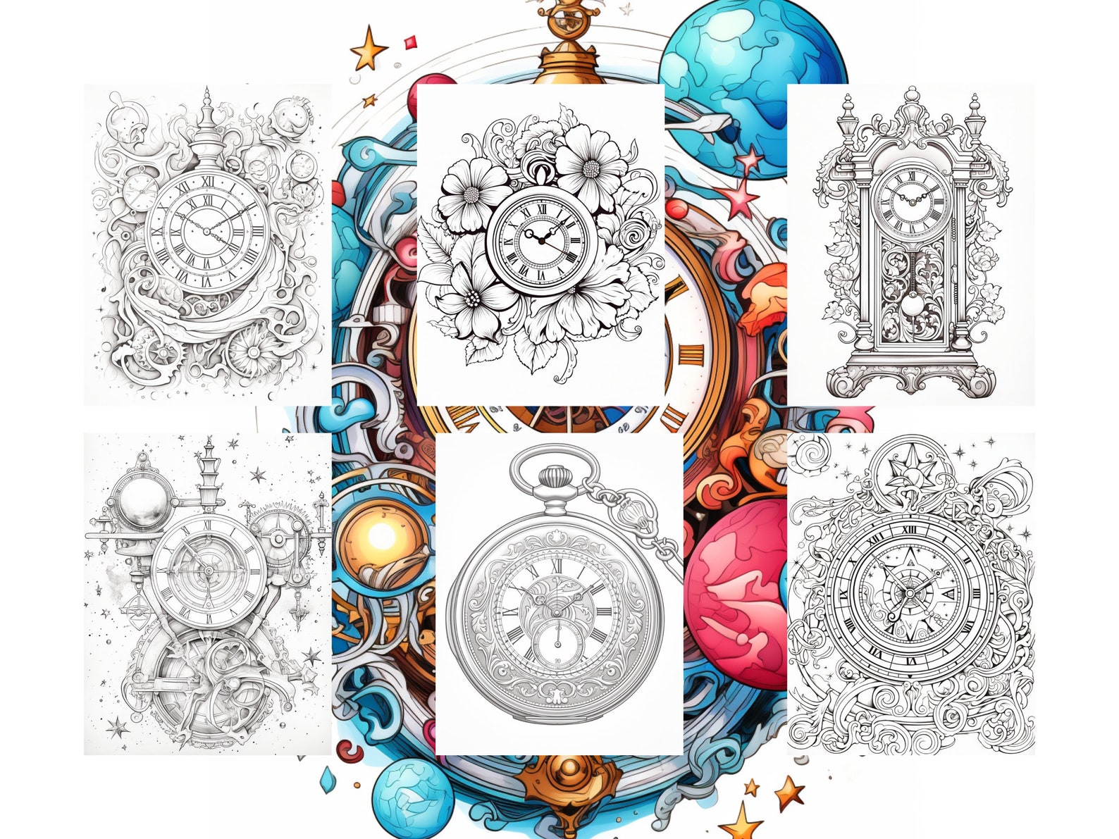 25 Clock Coloring Pages - Adult and Kids Coloring Book, Instant ...