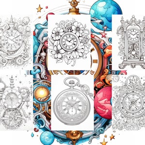 25 Clock Coloring Pages - Adult and Kids Coloring Book, Instant ...