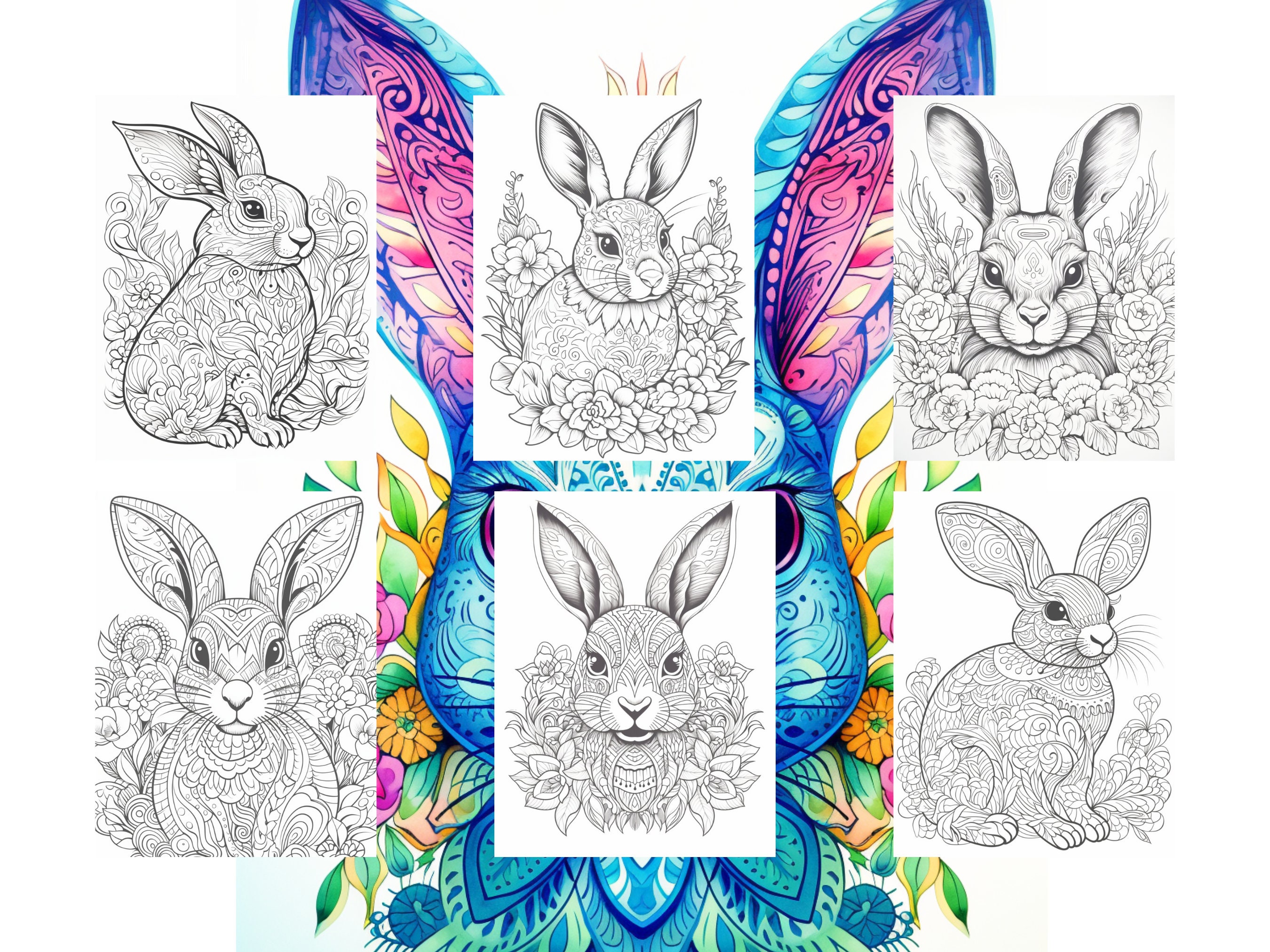 50 Pattern and Floral Bunny Coloring Pages Adults Coloring Book ...