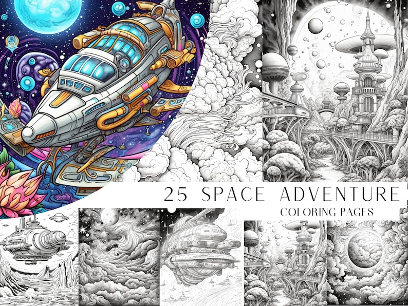 25 Space Adventure Coloring Pages Kids and Adult Coloring Book ...
