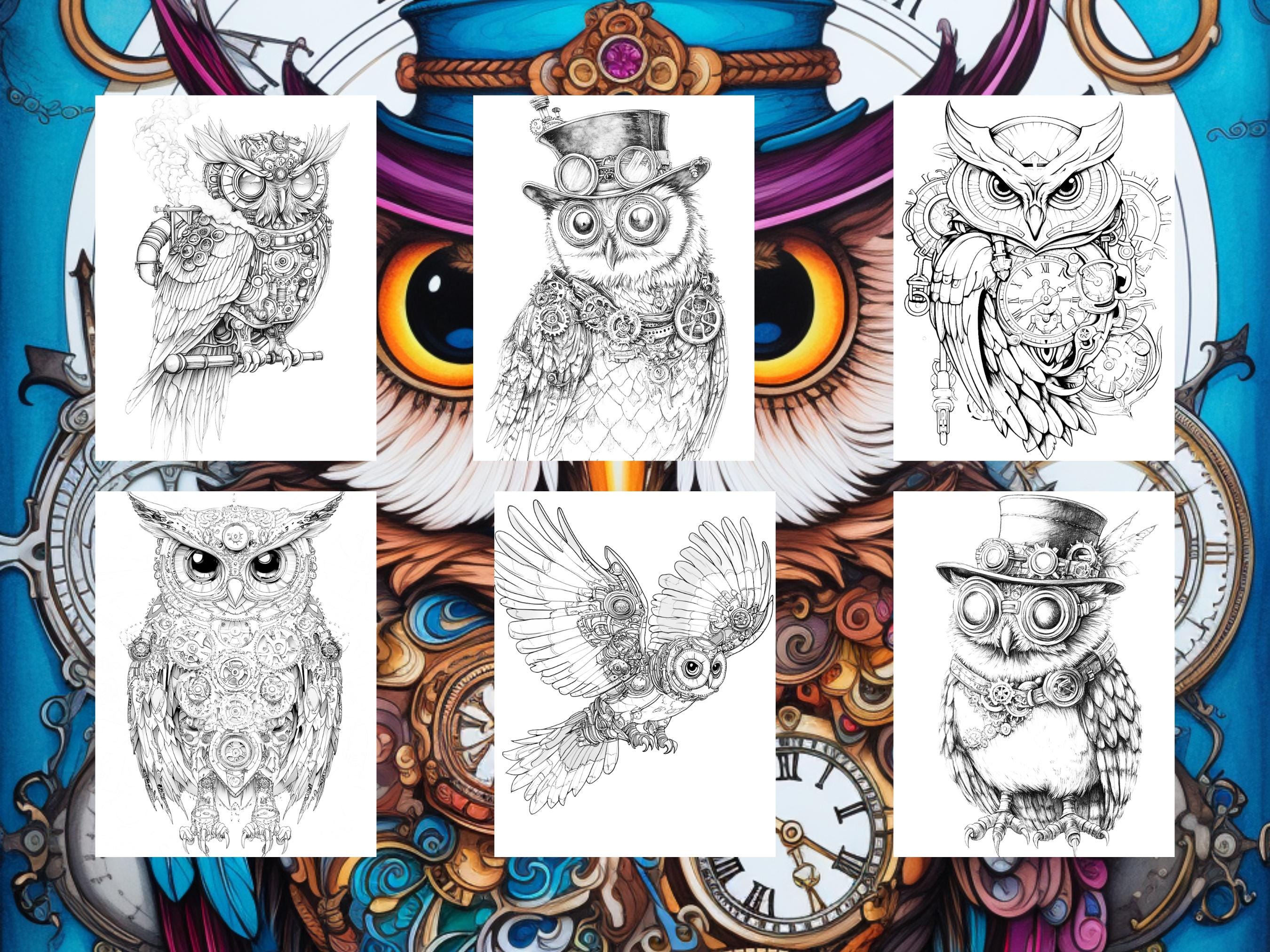 100 Steampunk Owl Coloring Pages - Instant PDF Digital Download ...