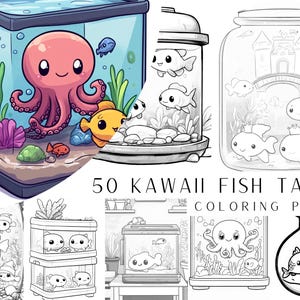 50 Kawaii Fish Tank Coloring Pages - Adult and Kids Coloring Book ...