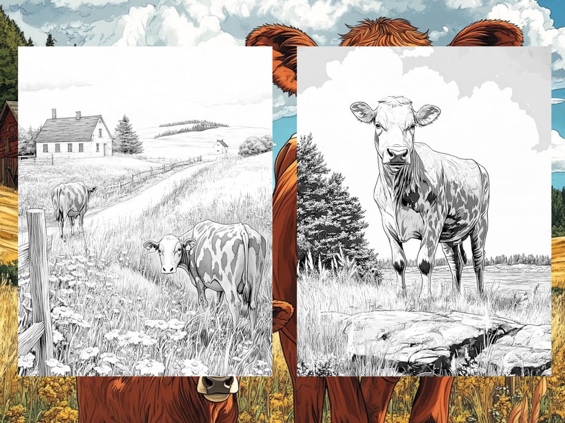 50 Country Cow Coloring Pages - Adult and Kids Coloring Book, Animal ...