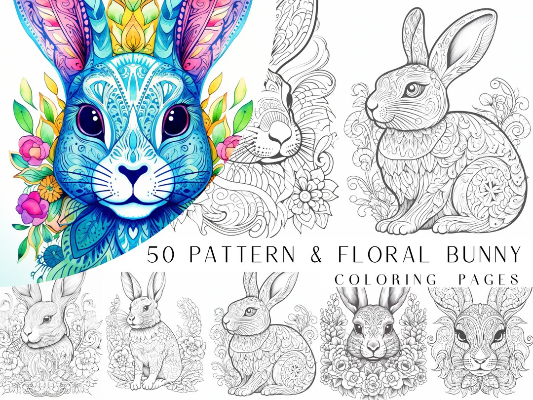 50 Pattern and Floral Bunny Coloring Pages - Adults Coloring Book ...