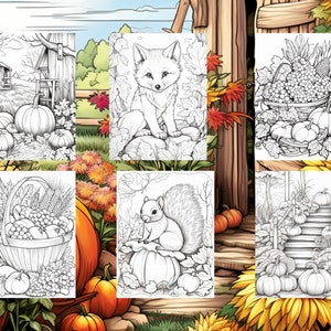 50 Autumn Coloring Pages - Kids and Adult Coloring Book, Grayscale ...