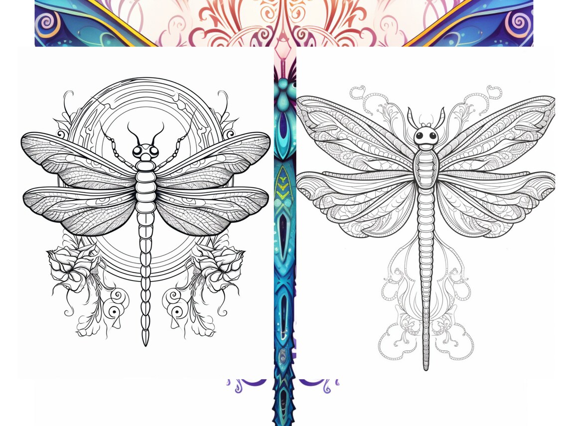 25 Dragonfly Coloring Pages - Adults Coloring Book, Greyscale, Digital ...