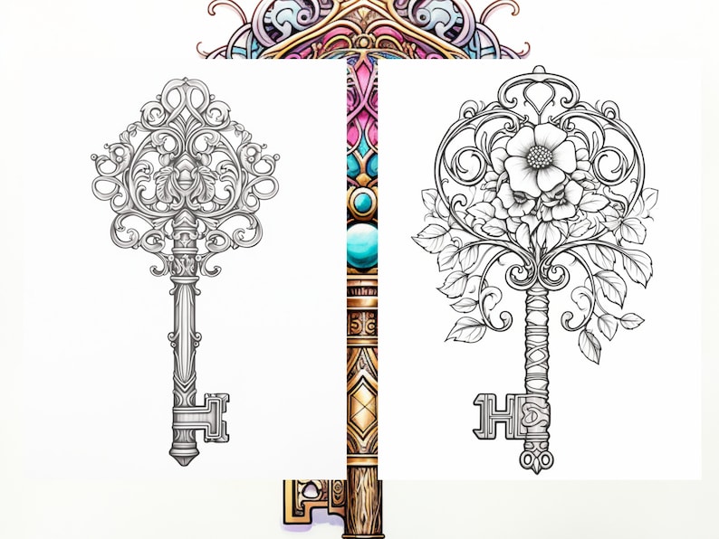 50 Fantasy Key Coloring Pages Adult and Kids Coloring Book, Greyscale ...
