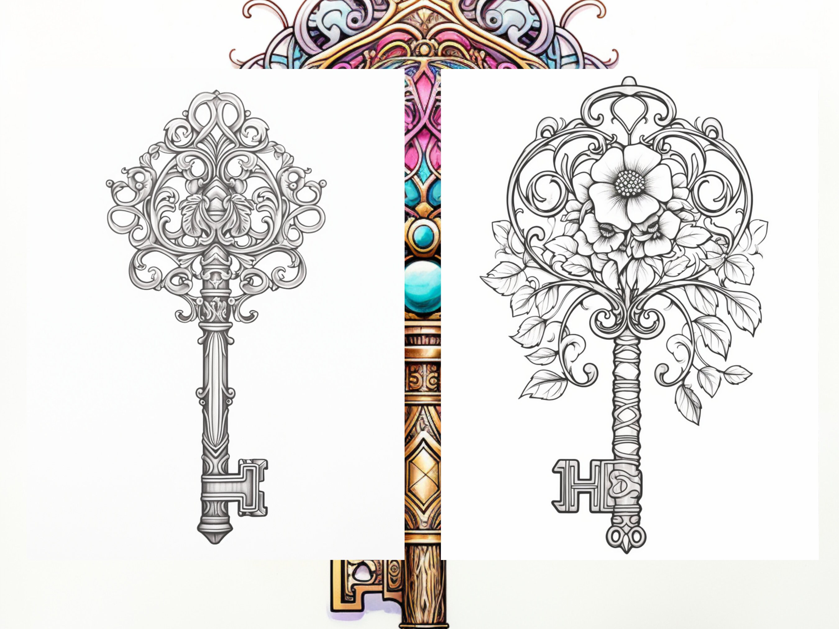 50 Fantasy Key Coloring Pages Adult and Kids Coloring Book, Greyscale ...