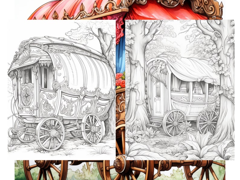 50 Gypsy Caravan Coloring Pages Adult and Kids Coloring Book, Greyscale ...