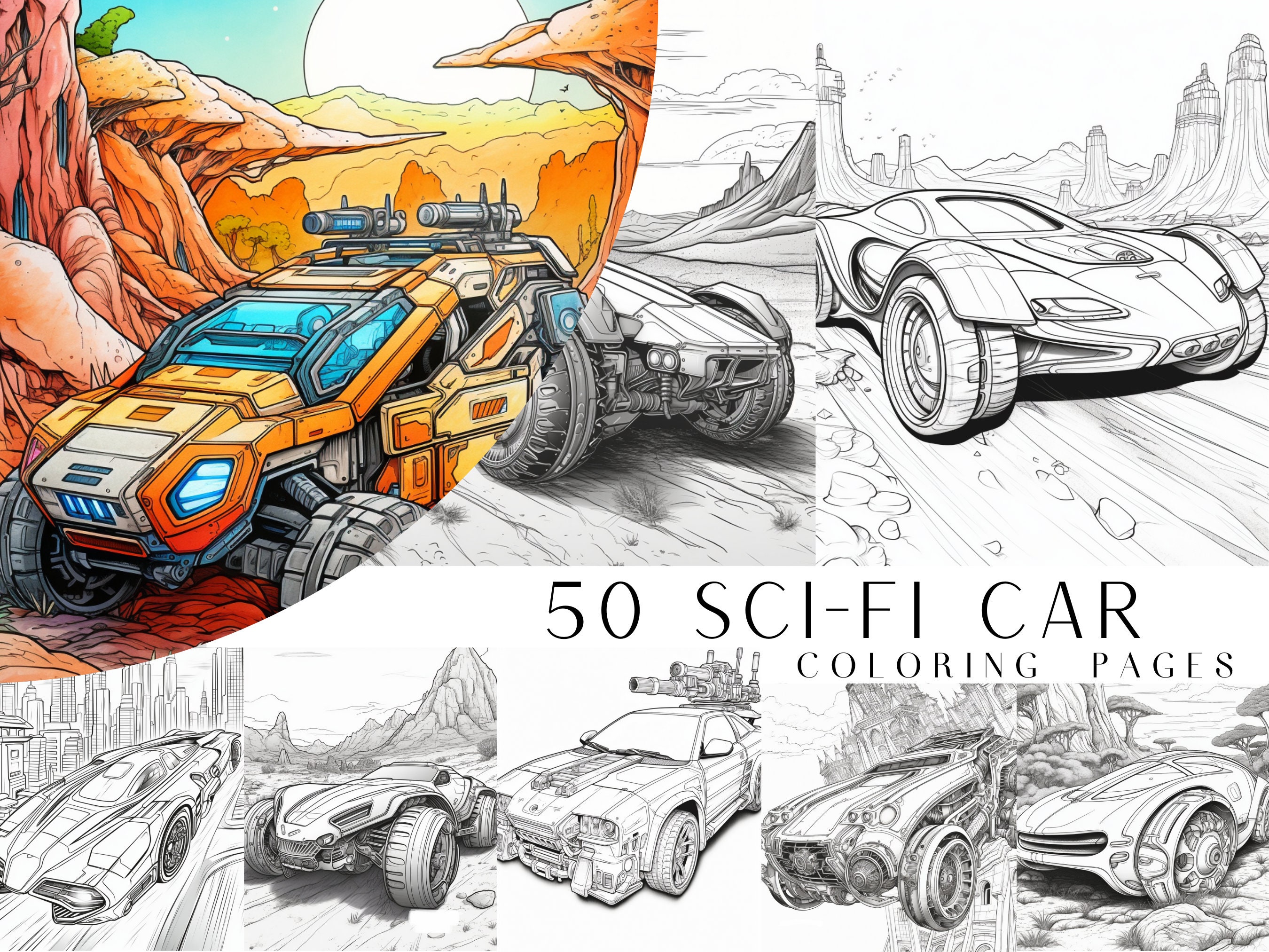 50 Sci-fi Car Coloring Pages - Kids and Adult Coloring Book, Grayscale ...