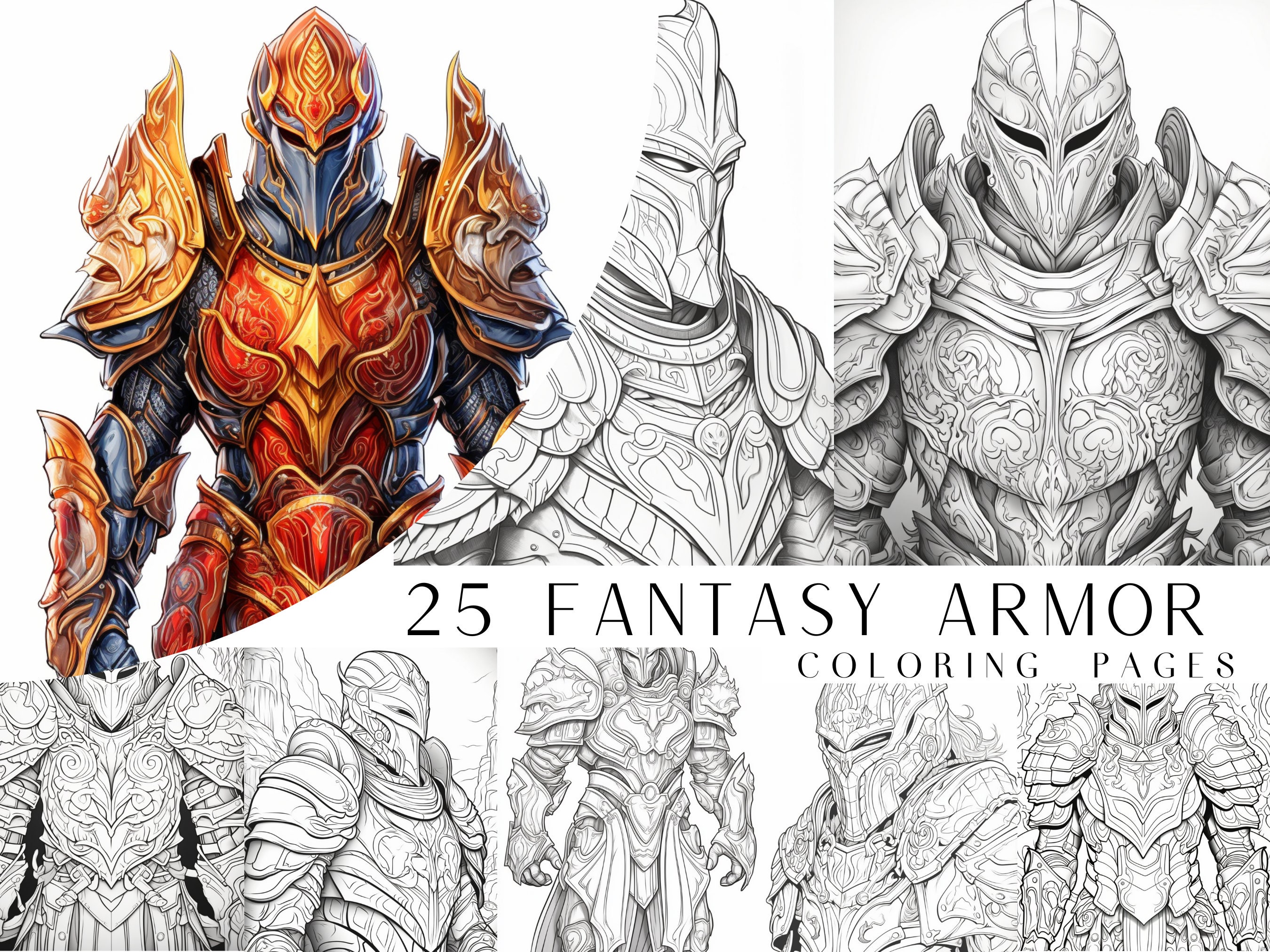25 Fantasy Armor Coloring Pages Adult and Kids Coloring Book, Fantasy ...