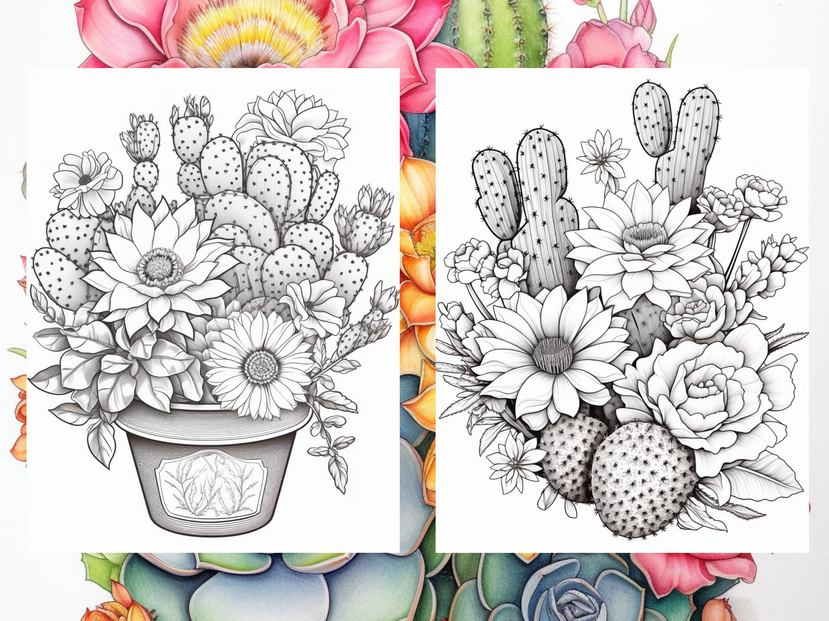 25 Floral Cactus and Succulent Coloring Pages - Adult Coloring Book ...