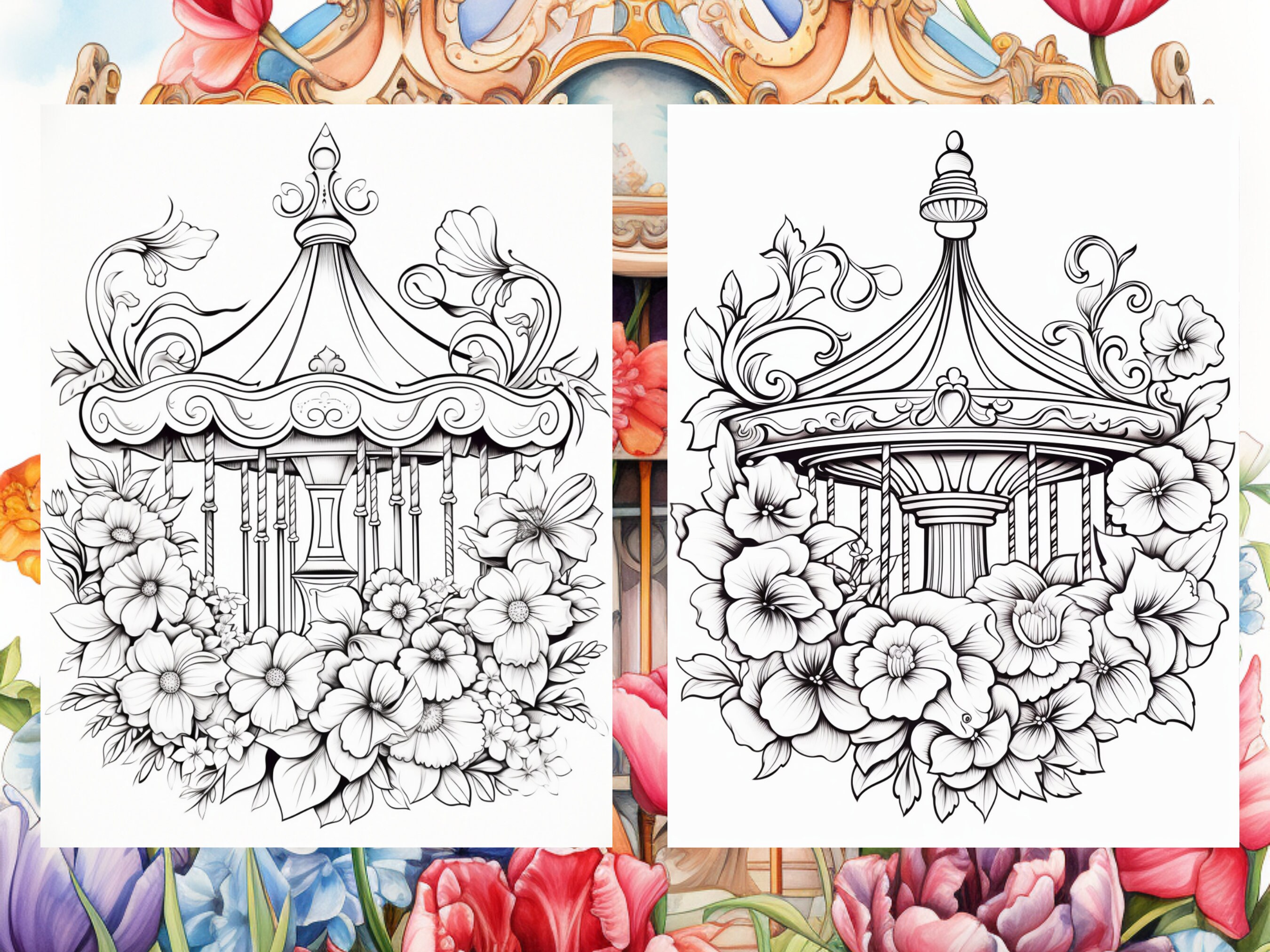 25 Floral Carousel Coloring Pages Adults Coloring Book, Greyscale ...