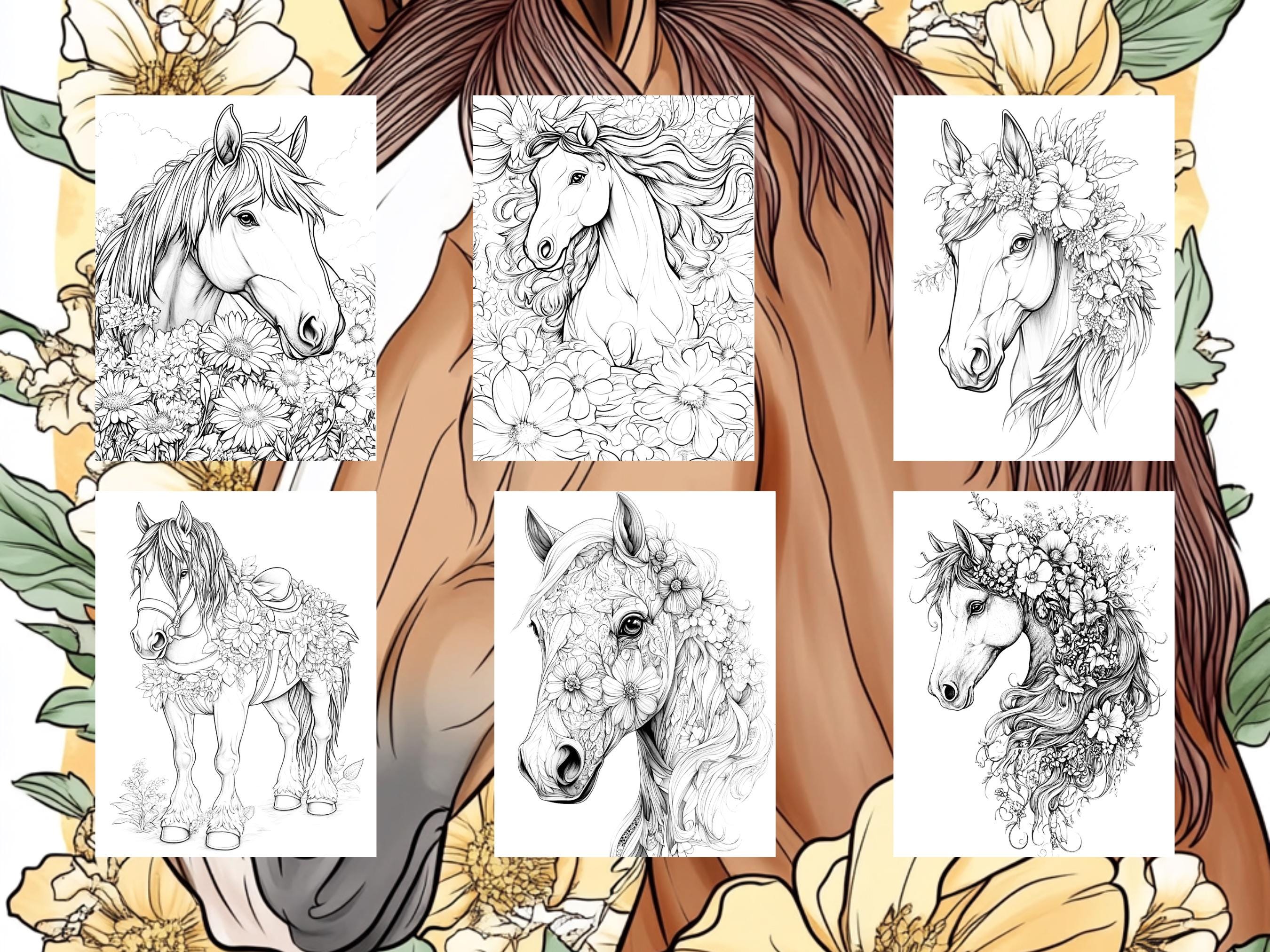 100 Floral Horse Coloring Pages - Instant PDF Digital Download ...