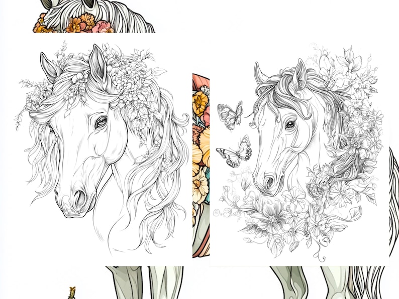 100 Floral Horse Coloring Pages - Instant PDF Digital Download ...