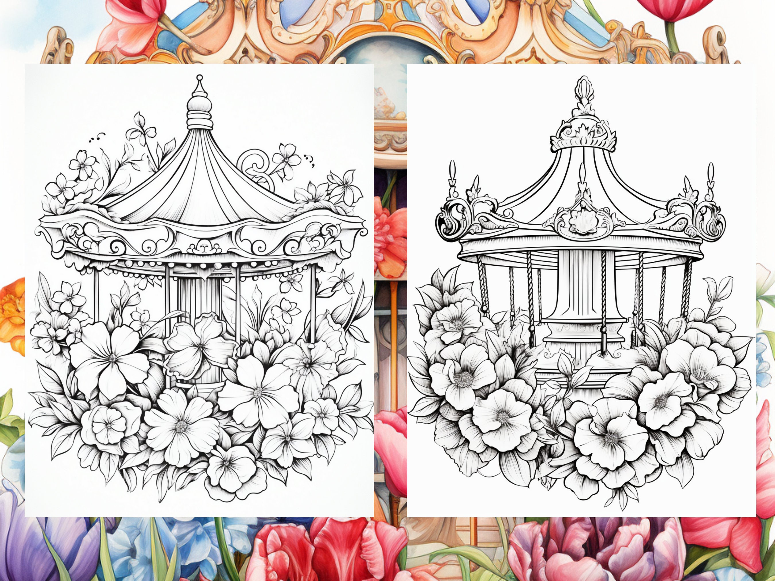 25 Floral Carousel Coloring Pages Adults Coloring Book, Greyscale ...