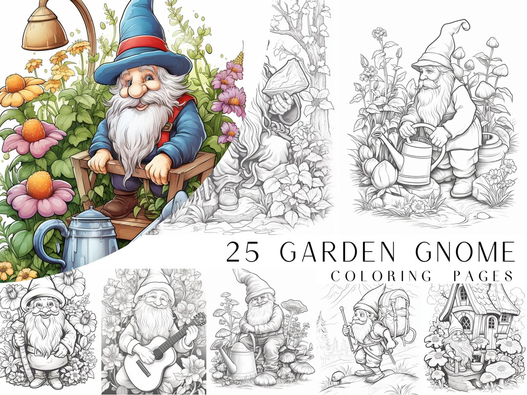 25 Garden Gnome Coloring Pages - Adult Coloring Book, Grayscale ...