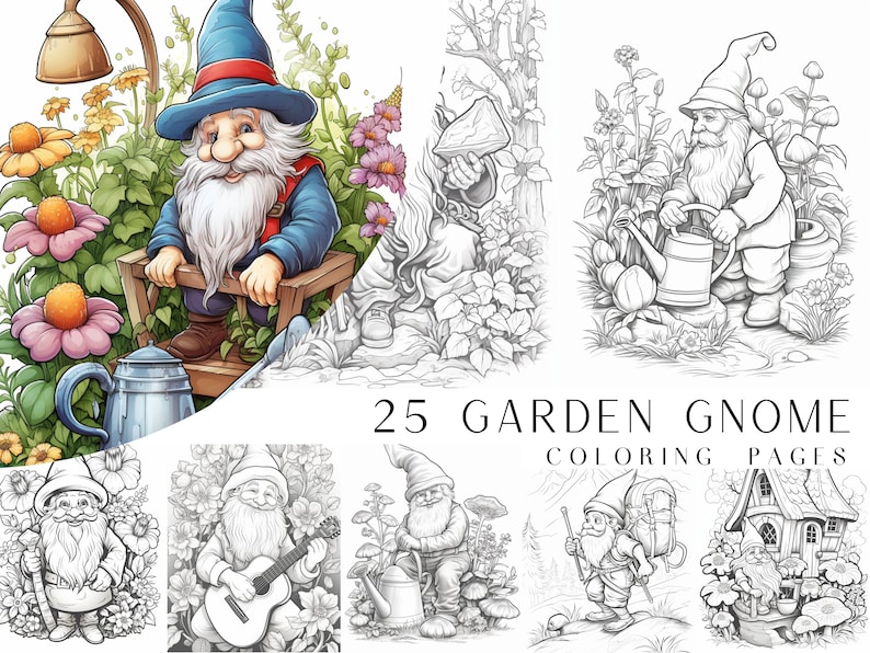 25 Garden Gnome Coloring Pages Adult Coloring Book, Grayscale Coloring ...