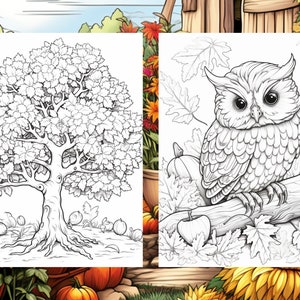 50 Autumn Coloring Pages - Kids and Adult Coloring Book, Grayscale ...