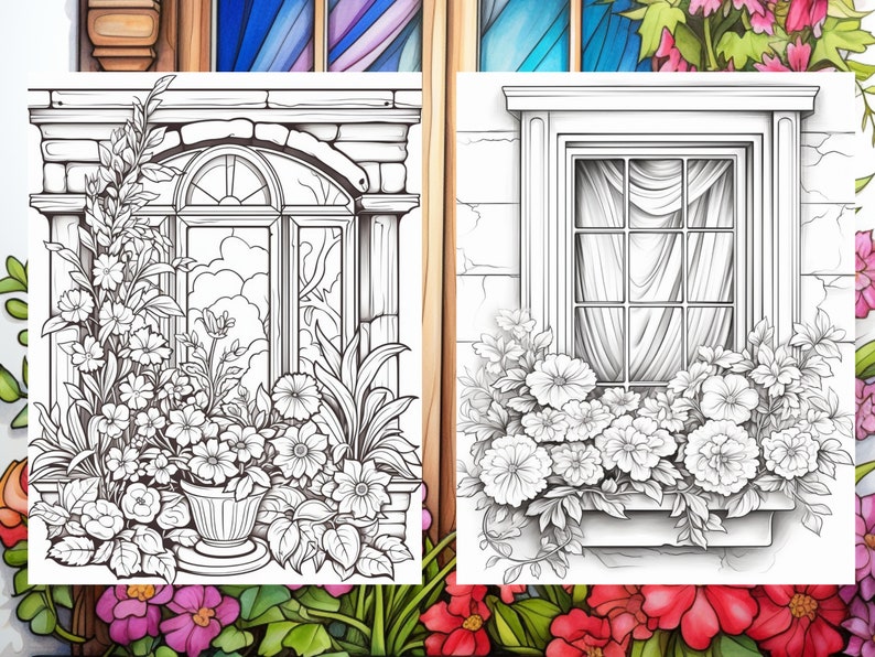 25 Floral Window Coloring Pages Adults and Kids Coloring Book ...