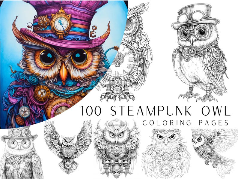 100 Steampunk Owl Coloring Pages - Instant PDF Digital Download ...