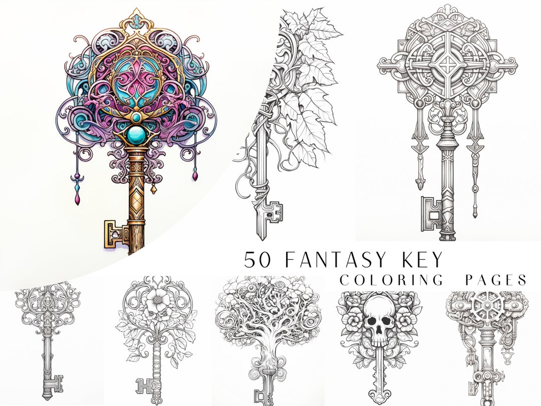 50 Fantasy Key Coloring Pages - Adult and Kids Coloring Book, Greyscale ...
