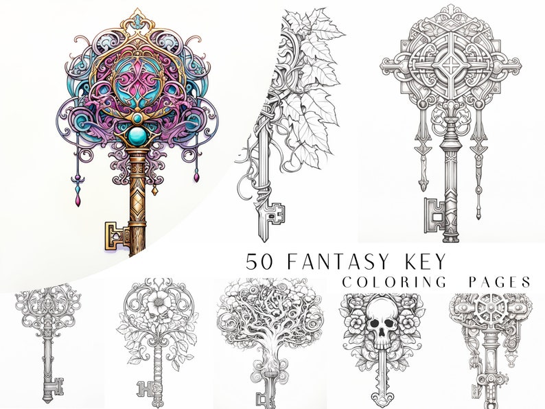 50 Fantasy Key Coloring Pages - Adult and Kids Coloring Book, Greyscale ...